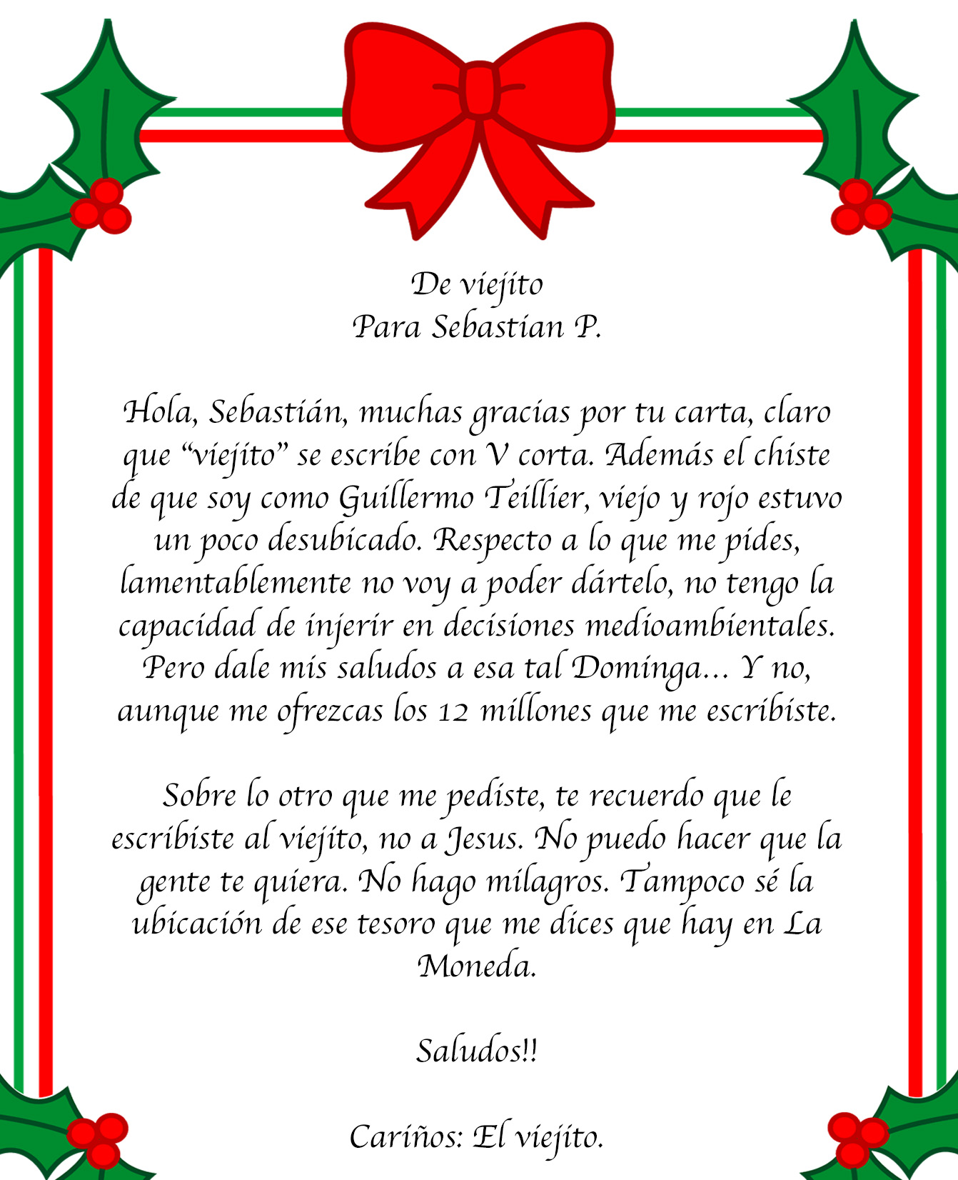 HUMOR. La respuesta del Viejito Pascuero a la carta de Sebastián Piñera